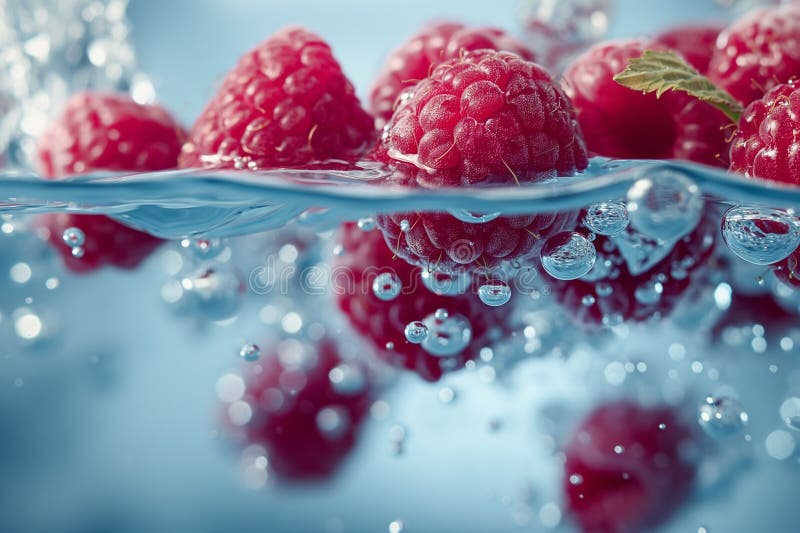 Raspberries Falling into Clear Water on Light Blue Background Stock ...