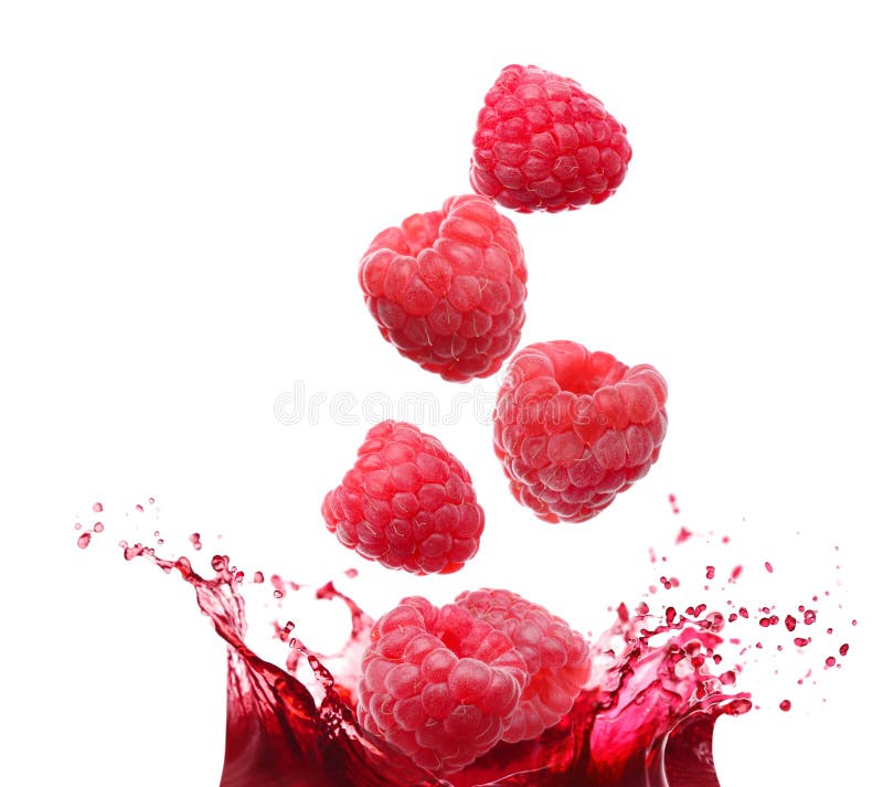 Raspberries Falling into Juice on White Background Stock Photo - Image ...