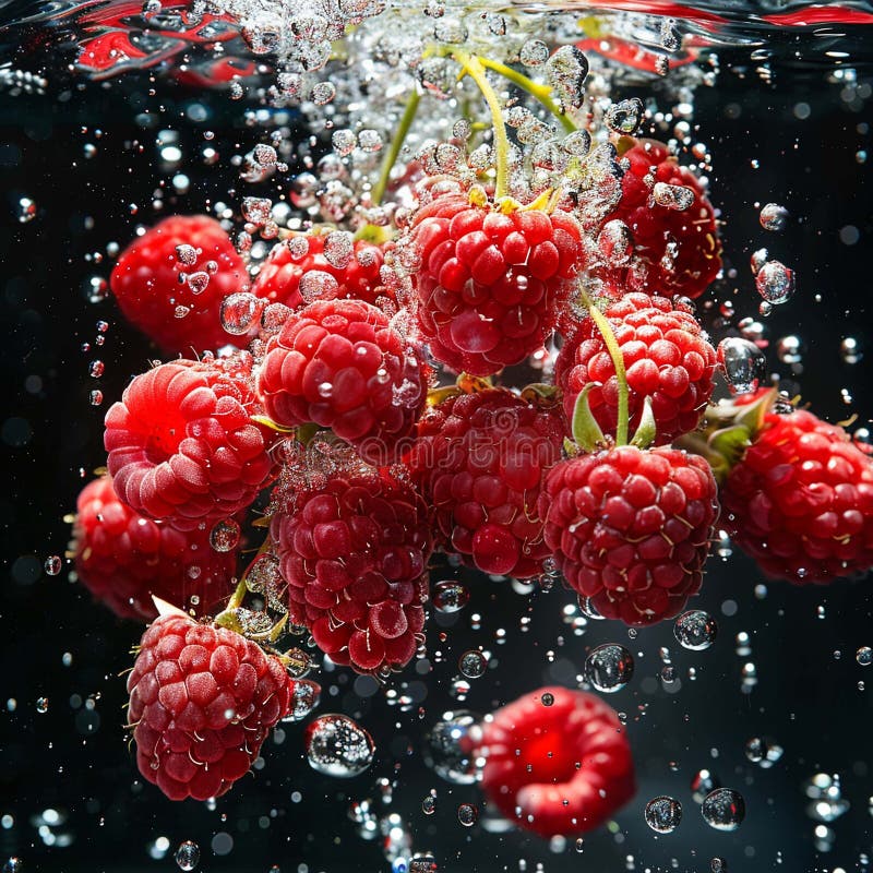 Raspberries Falling in Water with Splash on Black Background, AI ...