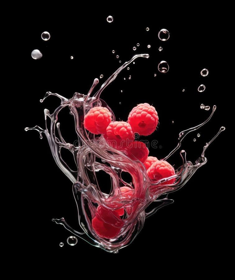 Raspberries Falling into the Water, Splashing Stock Photo - Image of ...