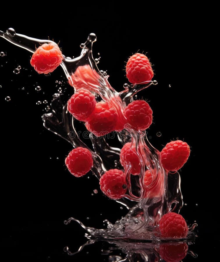 Raspberries Falling into the Water, Splashing Stock Image - Image of ...