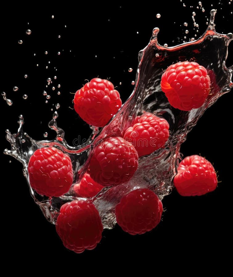 Raspberries Falling into the Water, Splashing Stock Photo - Image of ...