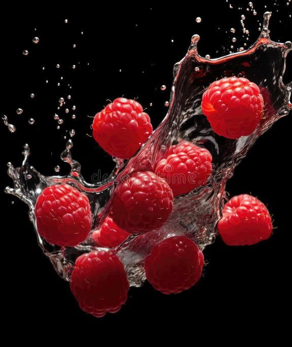Raspberries Falling into the Water, Splashing Stock Photo - Image of ...