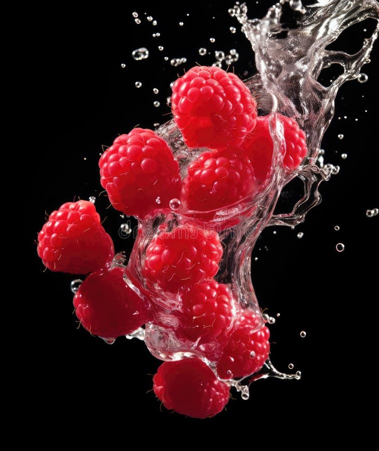 Raspberries Falling into the Water, Splashing Stock Photo - Image of ...