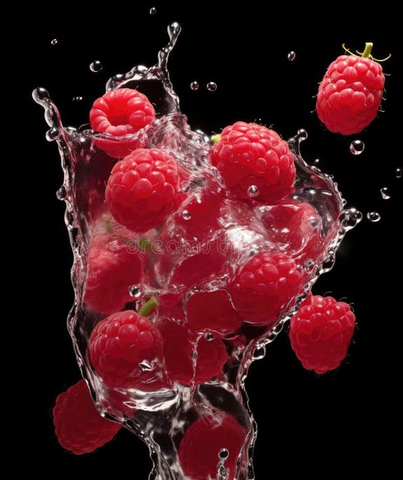 Raspberries Falling into the Water, Splashing Stock Photo - Image of ...