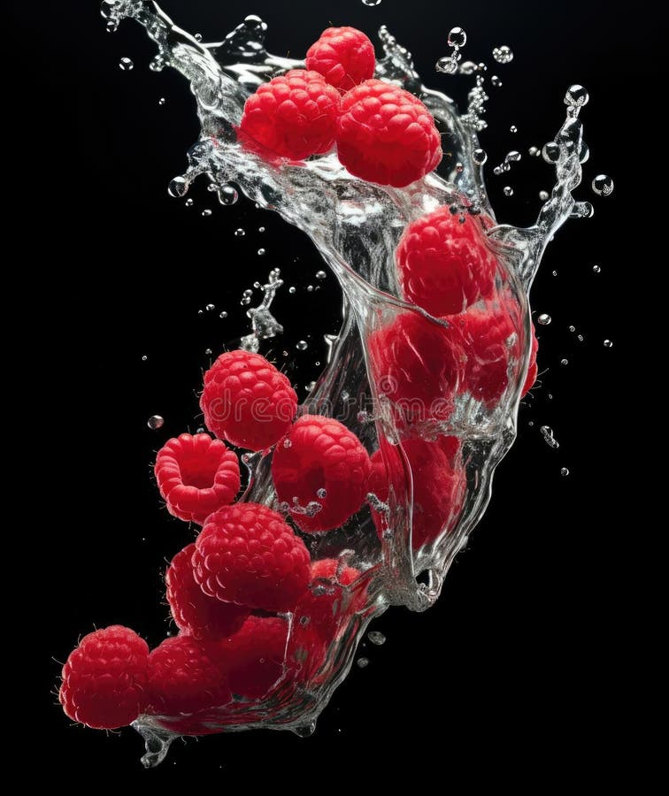 Raspberries Falling into the Water, Splashing Stock Photo - Image of ...