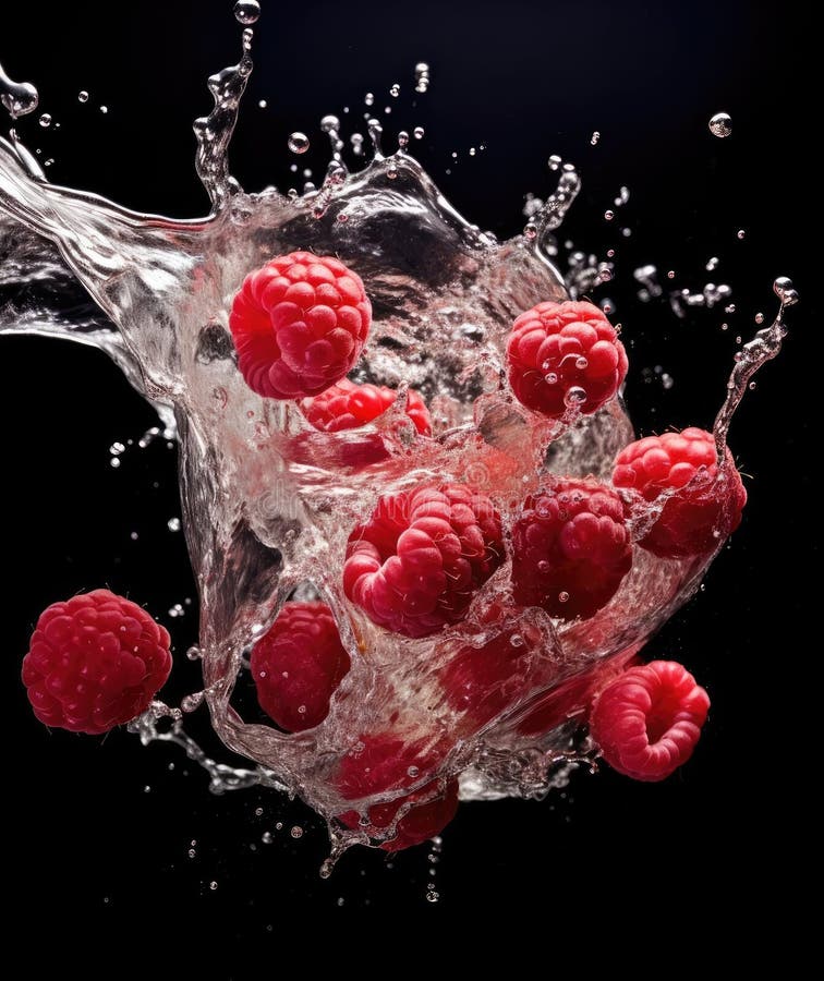 Raspberries Falling into the Water, Splashing Stock Photo - Image of ...