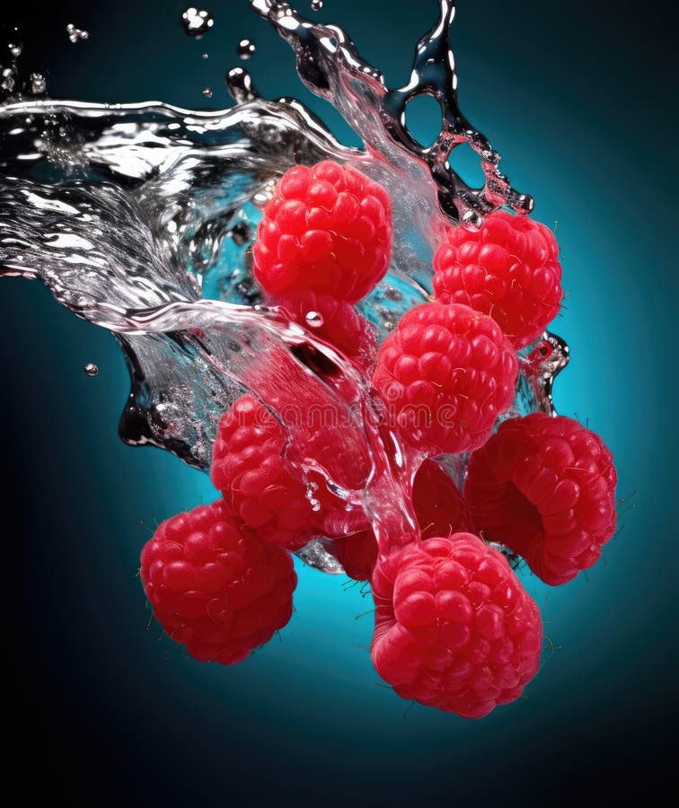 Raspberries Falling into the Water, Splashing Stock Photo - Image of ...