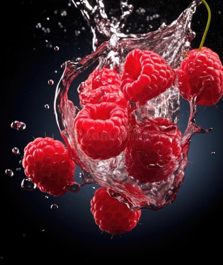 Raspberries Falling into the Water, Splashing Stock Photo - Image of ...