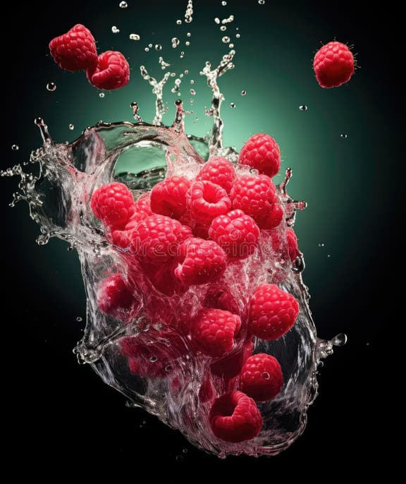Raspberries Falling into the Water, Splashing Stock Photo - Image of ...