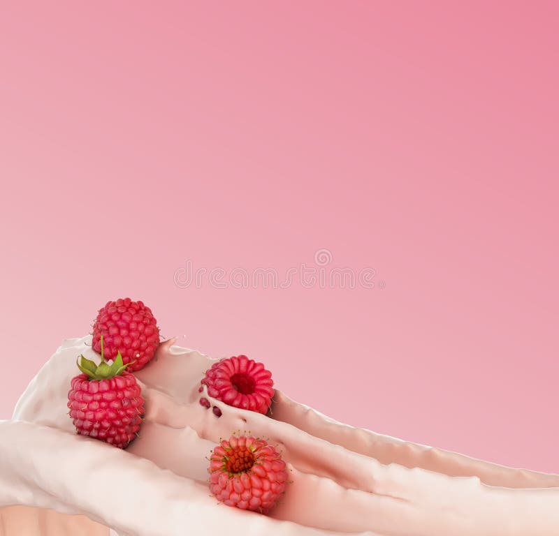 Raspberries Float in a Stream of Yogurt Presentation of Dairy Products ...