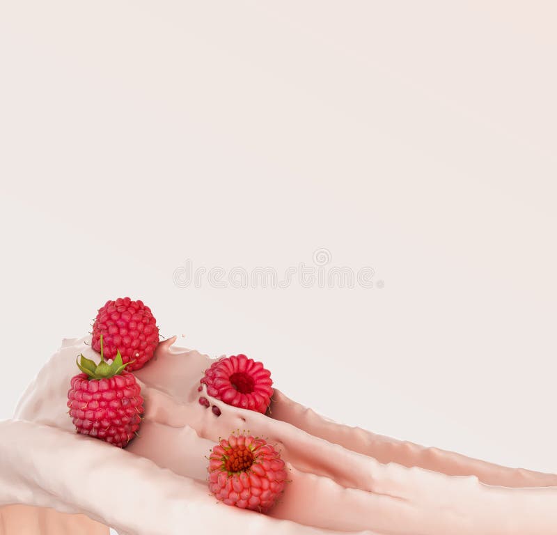 Raspberries Float in a Stream of Yogurt Presentation of Dairy Products ...