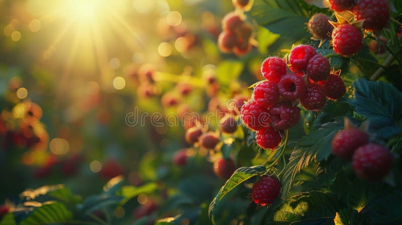 Raspberries Growing on Bush with Sun Background Stock Photo - Image of ...