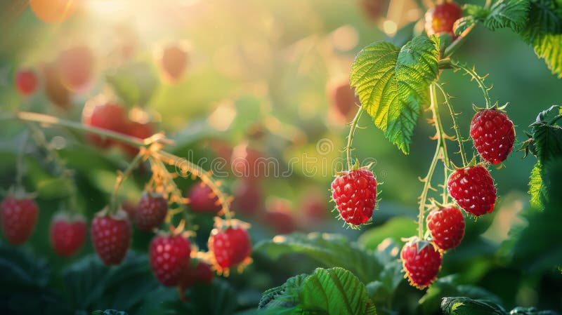 Raspberries Growing on Bush with Sun Background Stock Photo - Image of ...