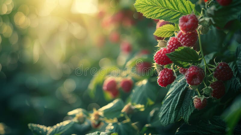Raspberries Growing on Bush with Sun Background Stock Photo - Image of ...