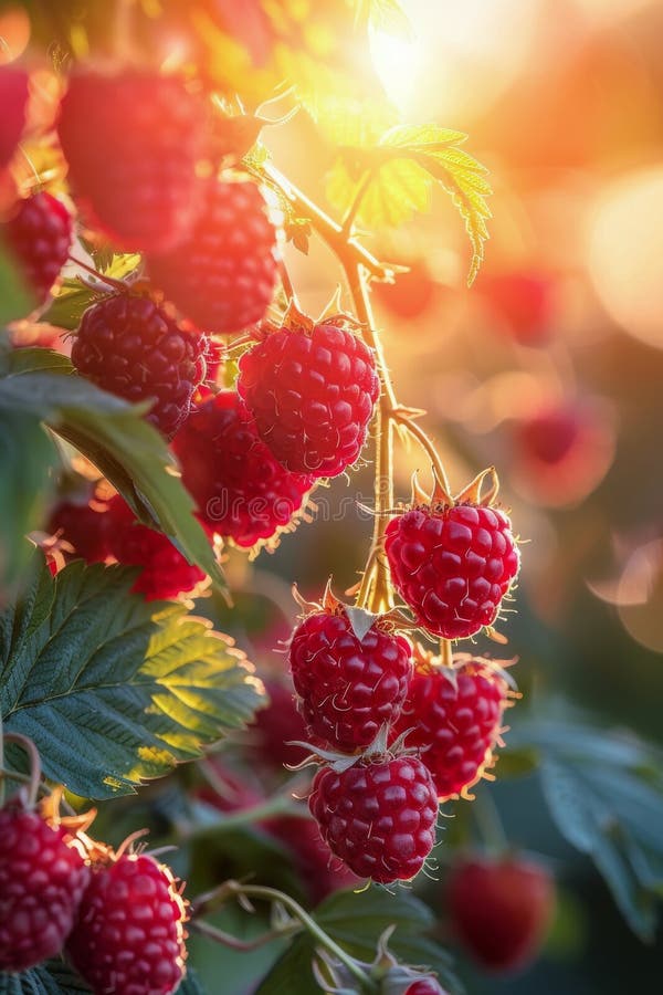 Raspberries Growing on Bush with Sun Background Stock Photo - Image of ...