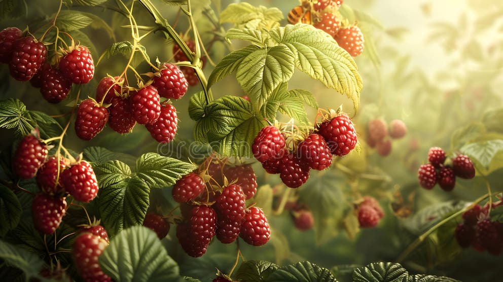 Raspberries Hanging from Bush. Generative by AI Stock Illustration ...