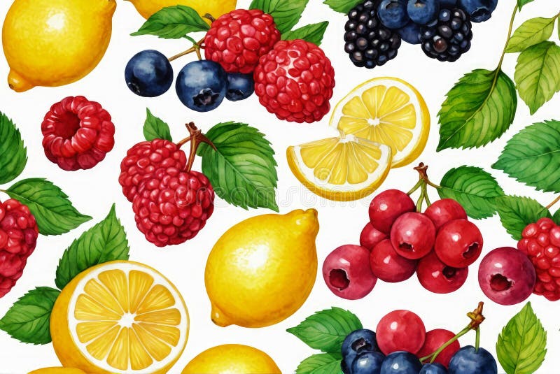 Raspberries, Lemon and Blueberries on a White Background with Green ...