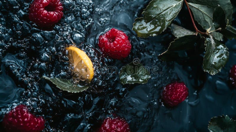 Raspberries and Lemon Slice in Textured Water Stock Photo - Image of ...