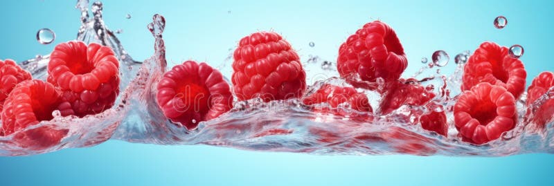 Raspberries in a Splash of Water and Juice on a Blue Background Stock ...