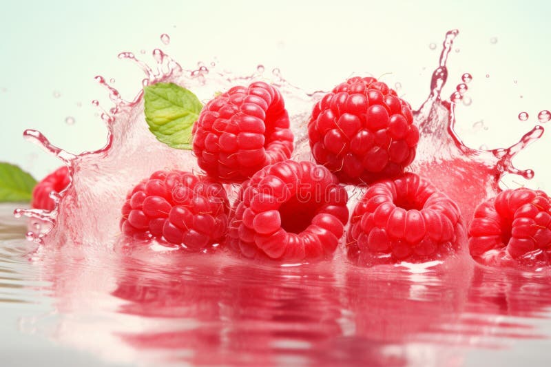 Raspberries in a Splash of Water and Juice on a Light Background Stock ...