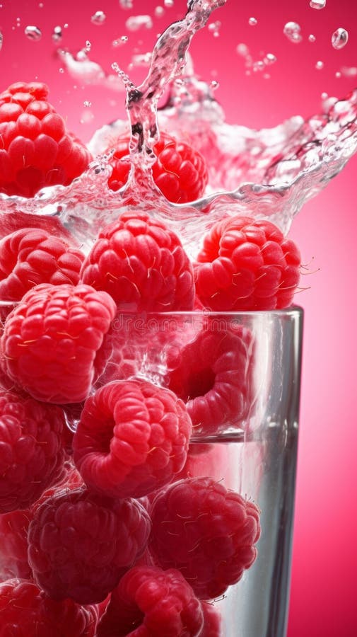 Raspberries in a Splash of Water and Juice on a Pink Background Stock ...