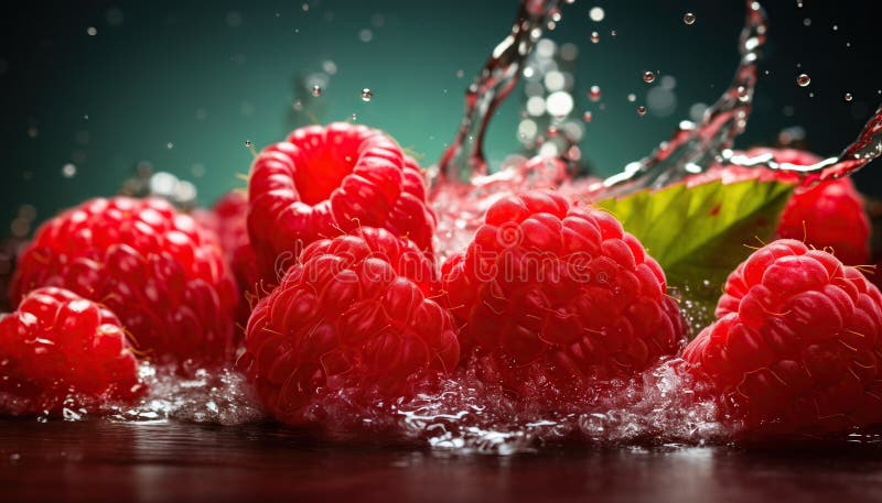 Raspberries with Splashes and Water Drops on Dark Background Stock ...