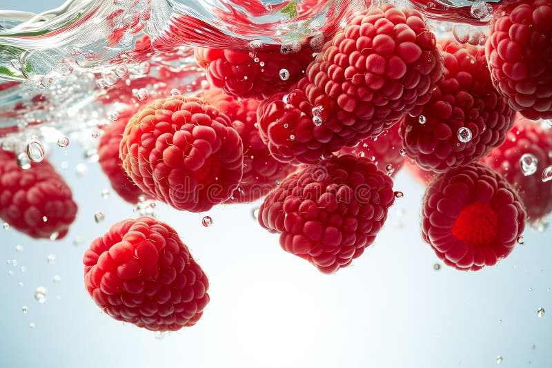 Raspberries Splashing into Clear Water - White Background. Generative ...