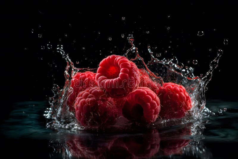 Raspberries and Water Splash on Dark Background. Neural Network AI ...
