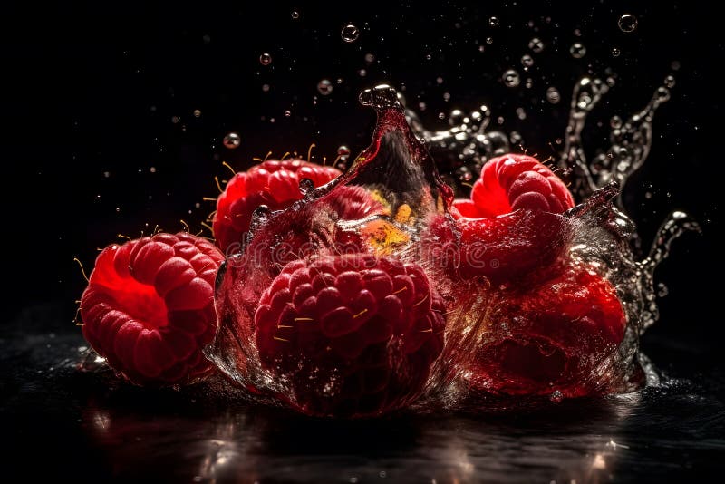 Raspberries and Water Splash on Dark Background. Neural Network AI ...