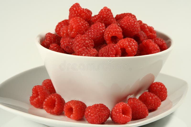 Red Raspberries on White Plate Stock Image - Image of raspberry ...