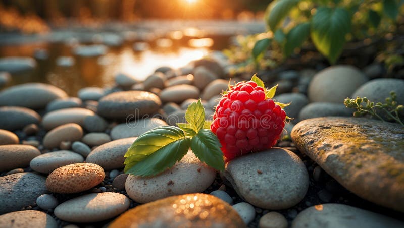 Ripe Raspberry on Smooth River Rocks at Sunset Stock Illustration ...