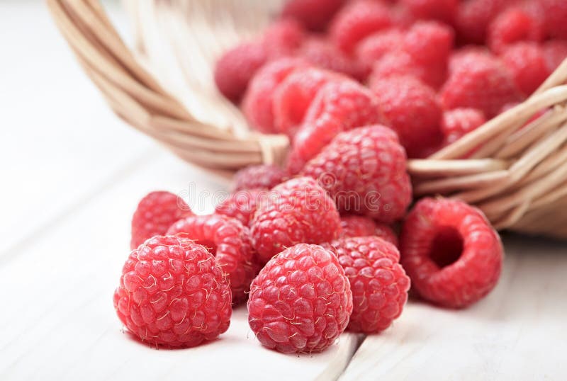 Raspberry in a Basket on the Table in the Garden Stock Photo - Image of ...