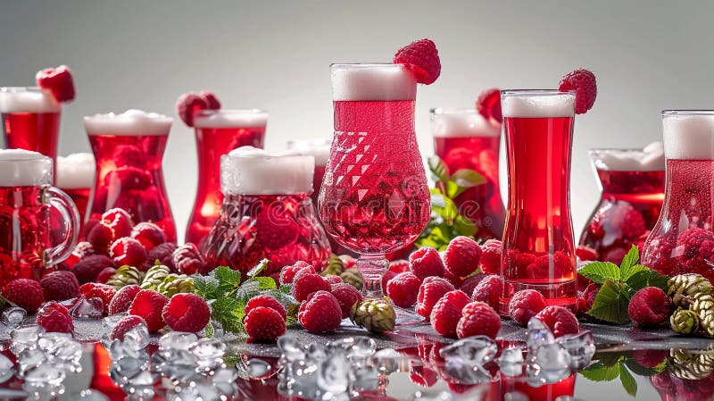 Raspberry Beer Glasses and Fresh Raspberries and Hops on a Reflective ...