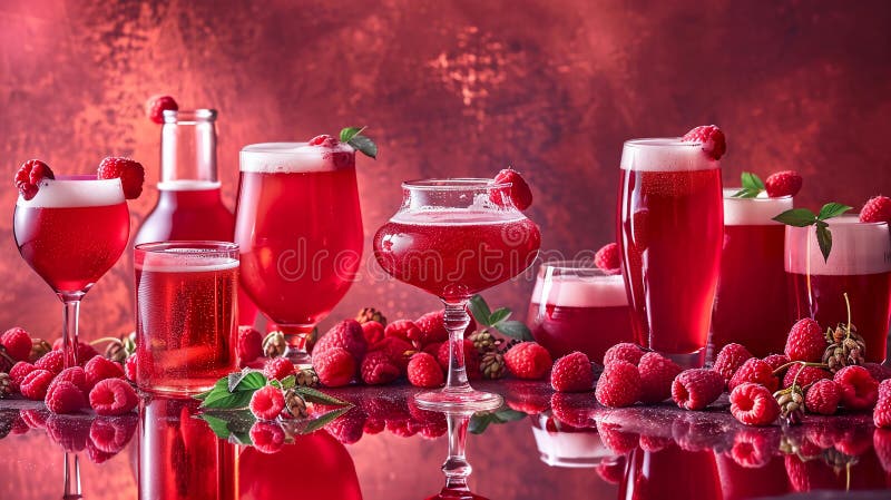 Raspberry Beer Glasses and Fresh Raspberries and Hops on a Reflective ...