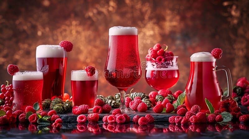 Raspberry Beer Glasses and Fresh Raspberries and Hops on a Reflective ...
