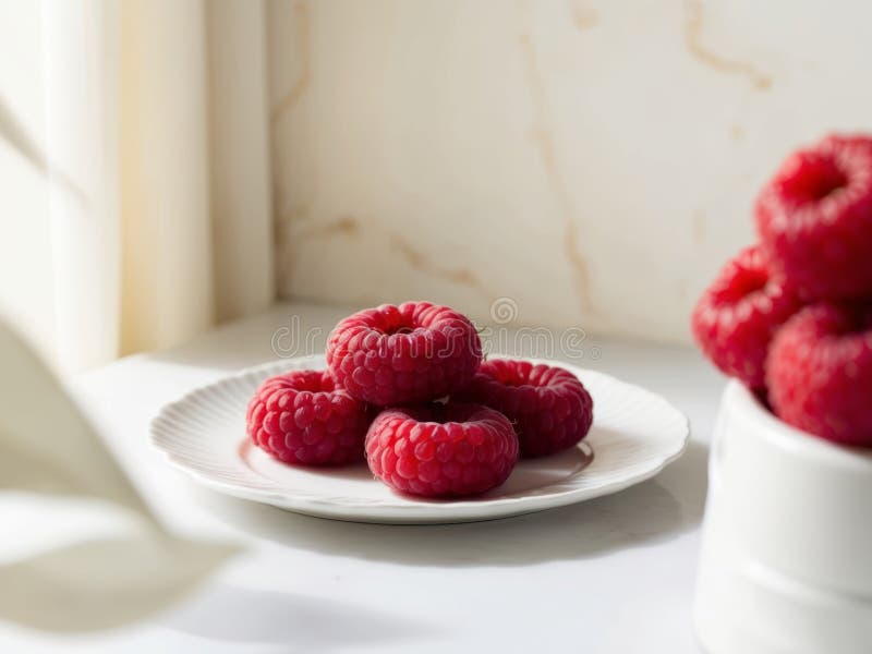 Raspberry Berries on a Plate with Light Background. Stock Image - Image ...