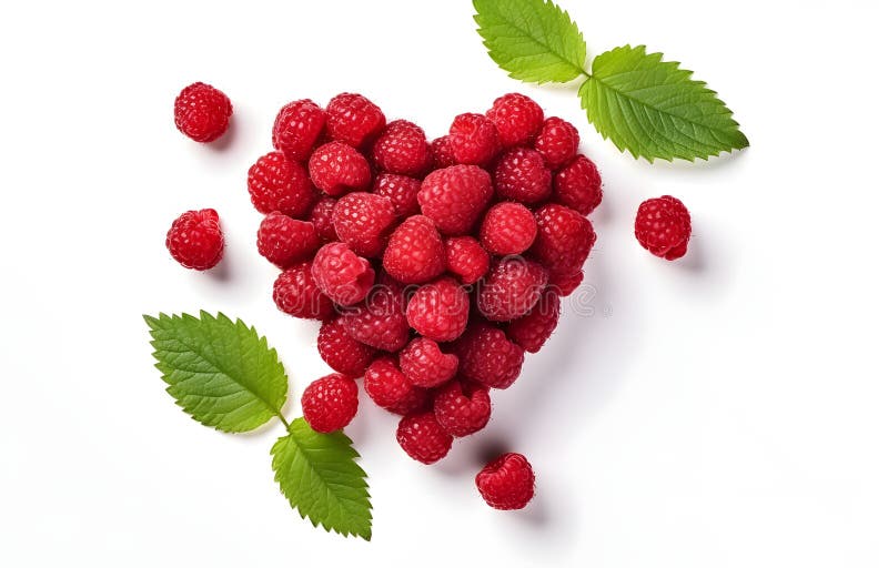 Raspberry Berry Heart Shape with Leaves Isolated on White Background ...