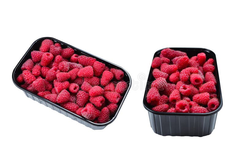 Raspberry in Black Container Isolated on White Background Stock Photo ...