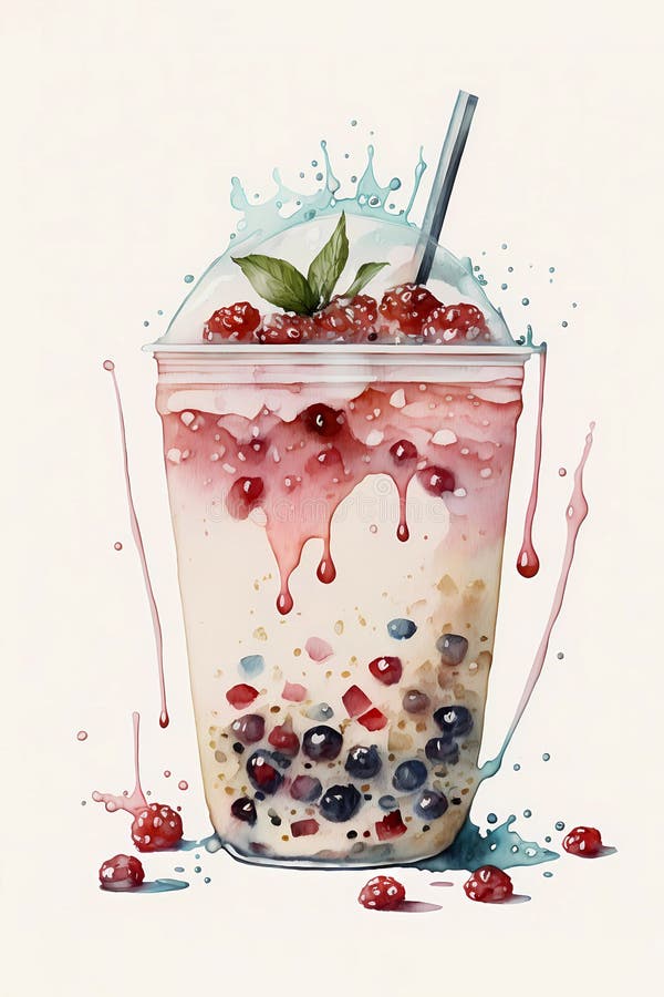 Raspberry Boba Tea in a Cup on White Background, Watercolor ...
