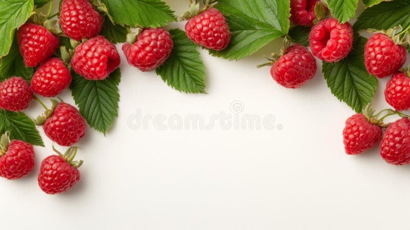 Raspberry Border with Green Leaves on White Background. Generative AI ...