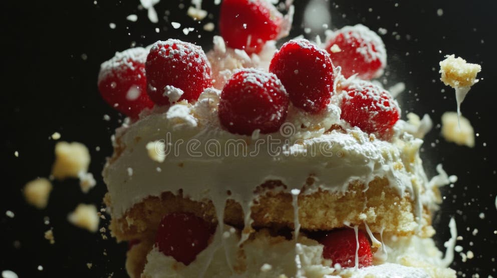 Raspberry Cake Explosion with Whipped Cream and Crumbs Stock ...