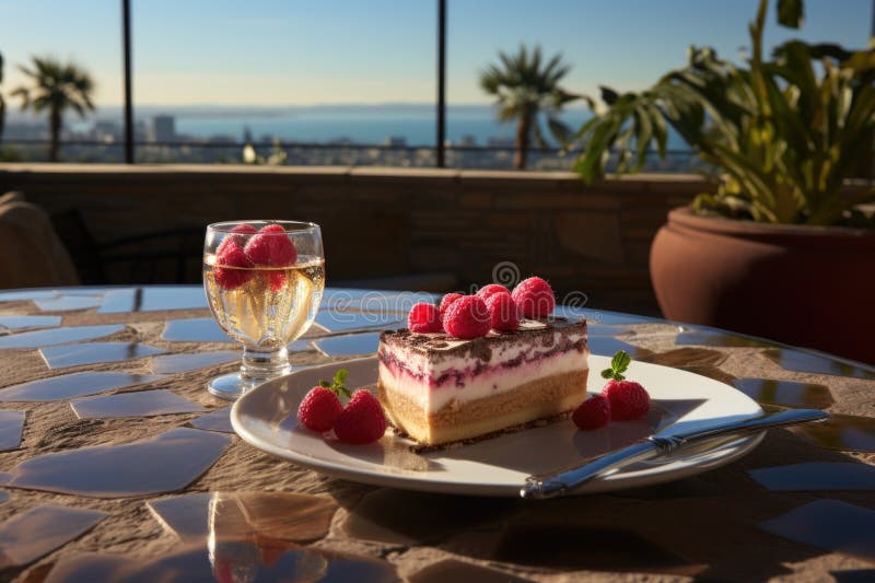 Raspberry Cake on a Mediterranean Terrace, with Panoramic Sea and Palm ...