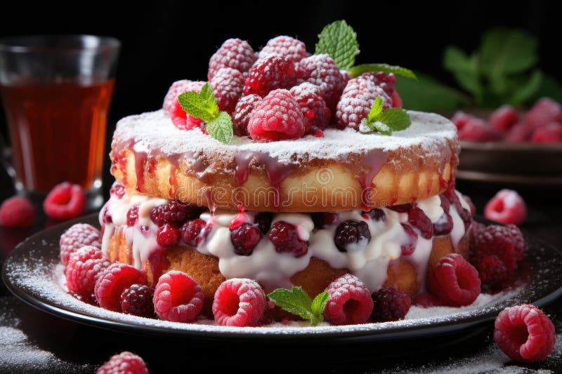 Raspberry Cake with Powdered Sugar and Fresh Raspberries in a Light ...