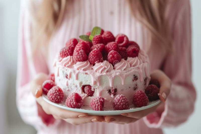 Raspberry Cake with Raspberries , in the Style of Light Pink Stock ...