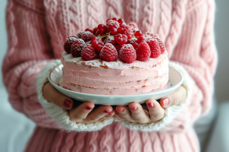 Raspberry Cake with Raspberries , in the Style of Light Pink Stock ...