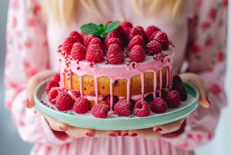 Raspberry Cake with Raspberries , in the Style of Light Pink Stock ...