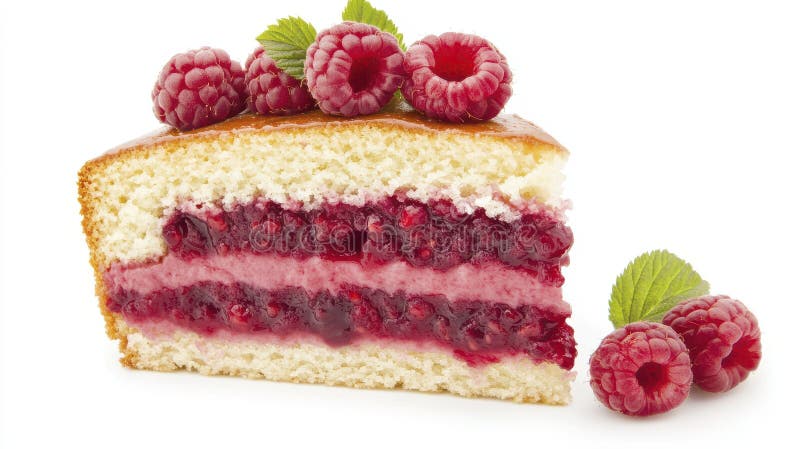 Raspberry Cake Slice with Fresh Raspberries and Mint Stock Illustration ...
