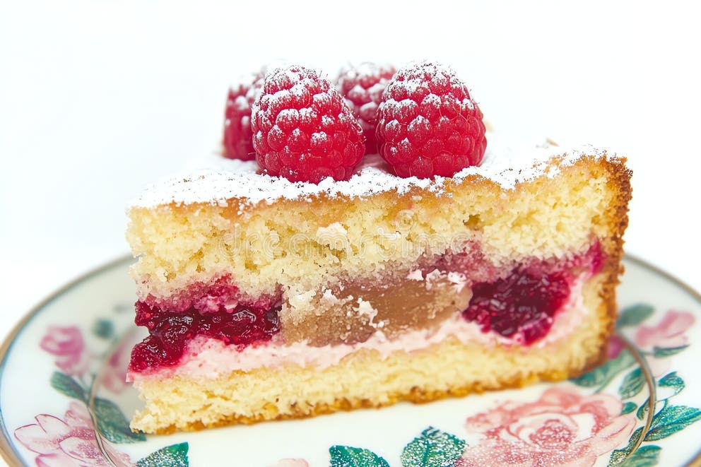 Raspberry Cake Slice with Powdered Sugar Stock Illustration ...