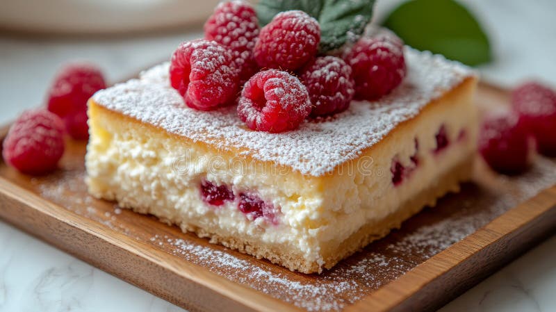 Raspberry Cake Slice Topped with Raspberries and Sugar. Stock Photo ...